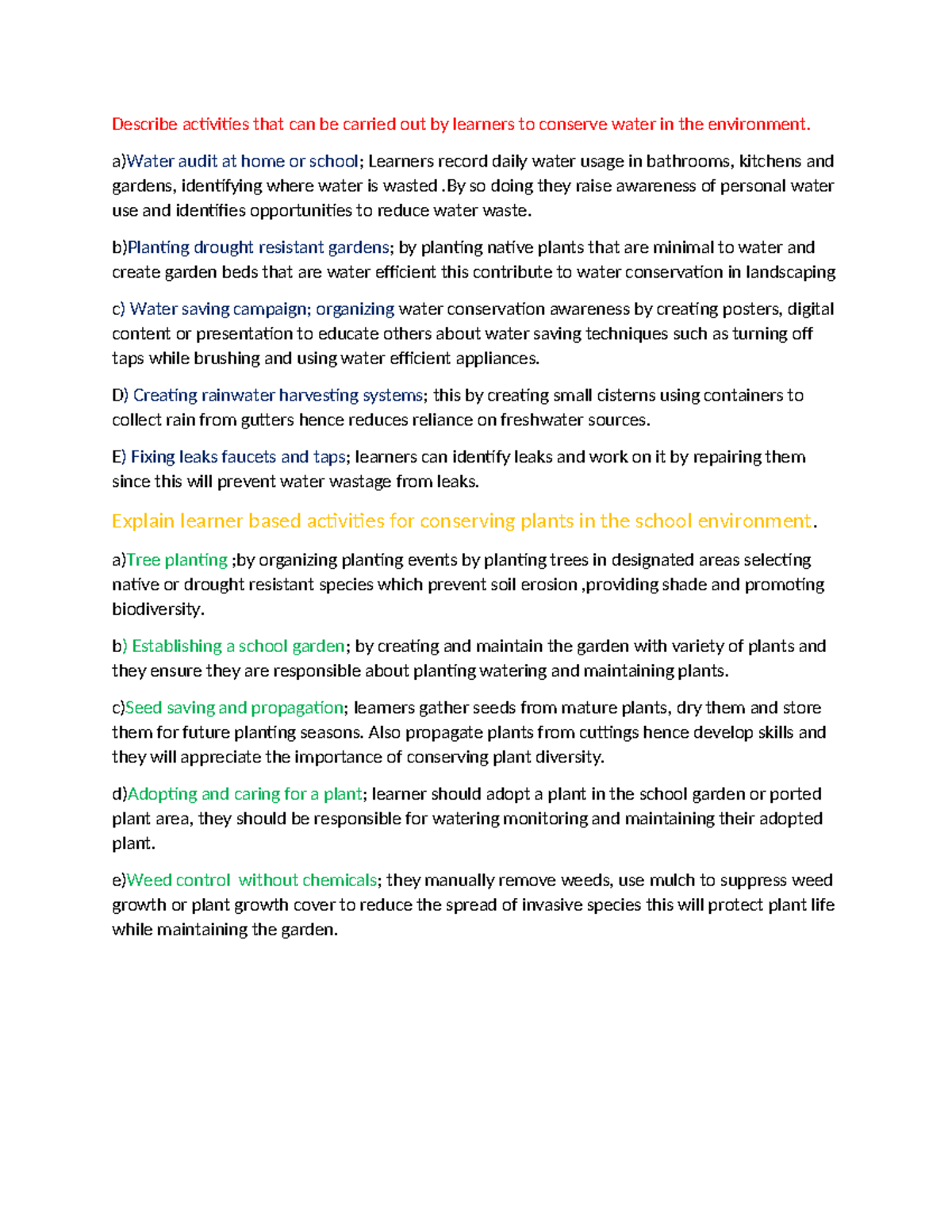 Agriculture Assignment: Activities for Water & Plant Conservation - Studocu