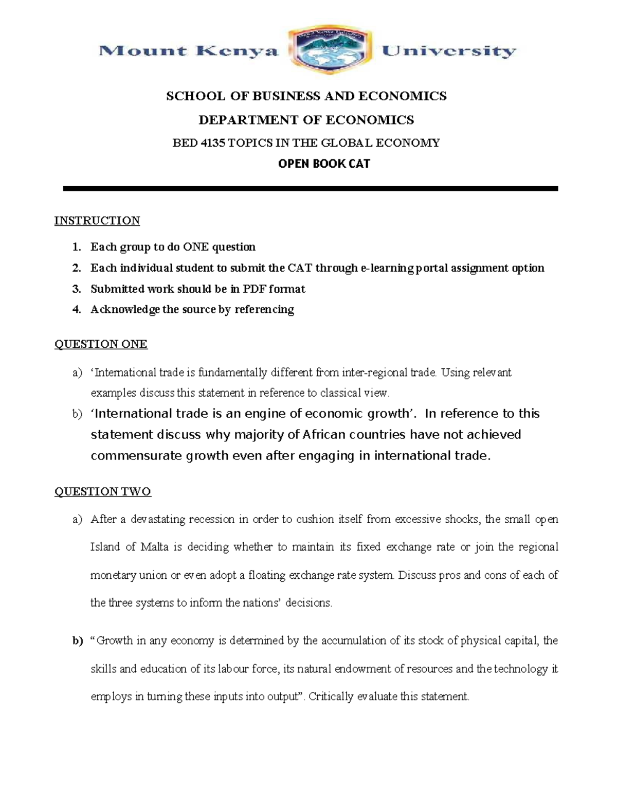 BED 4135 Open Book CAT: Topics in the Global Economy Analysis - Studocu