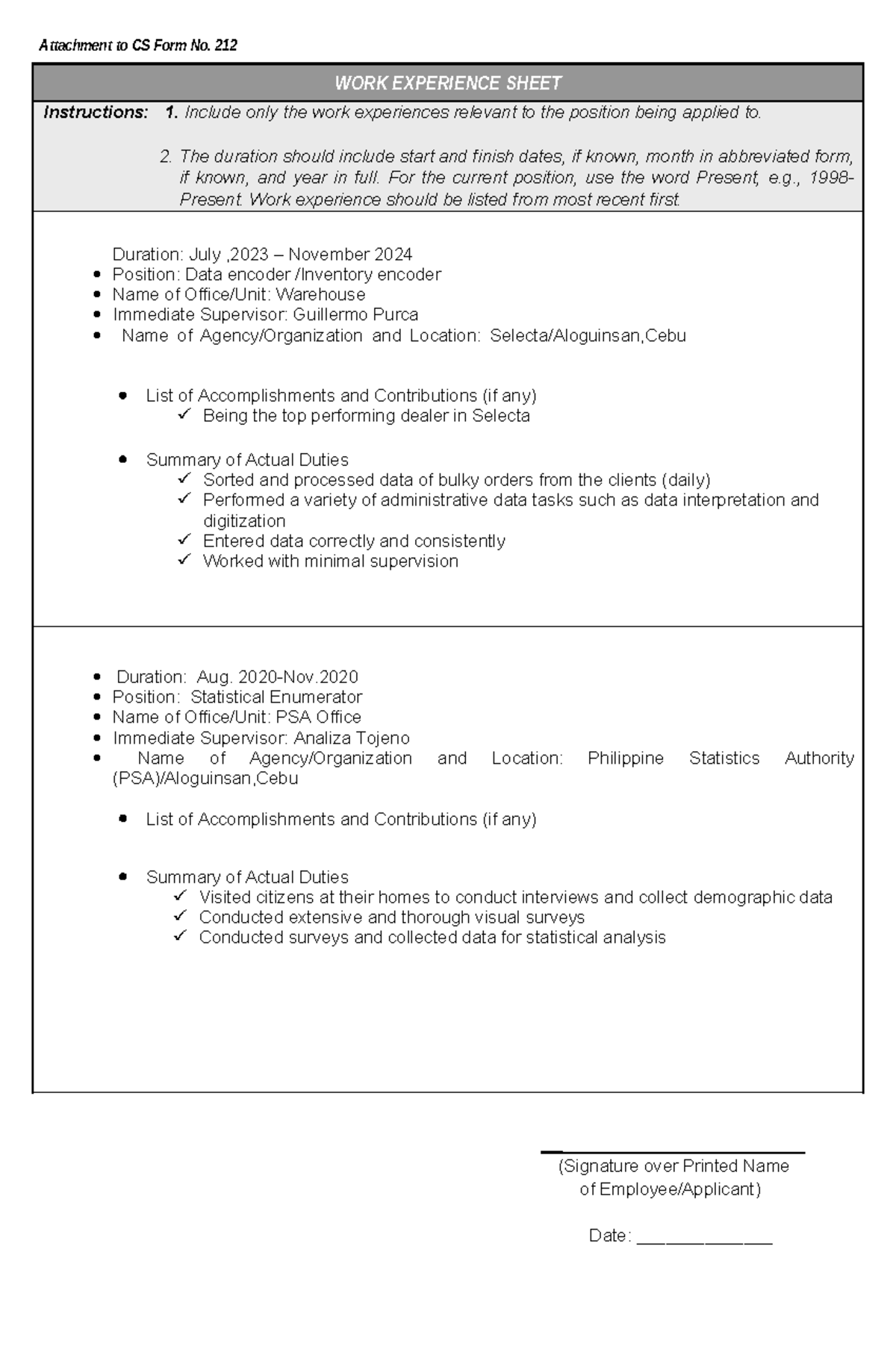 WORK EXPERIENCE SHEET for Non-Teaching Positions (CS Form No. 212 ...