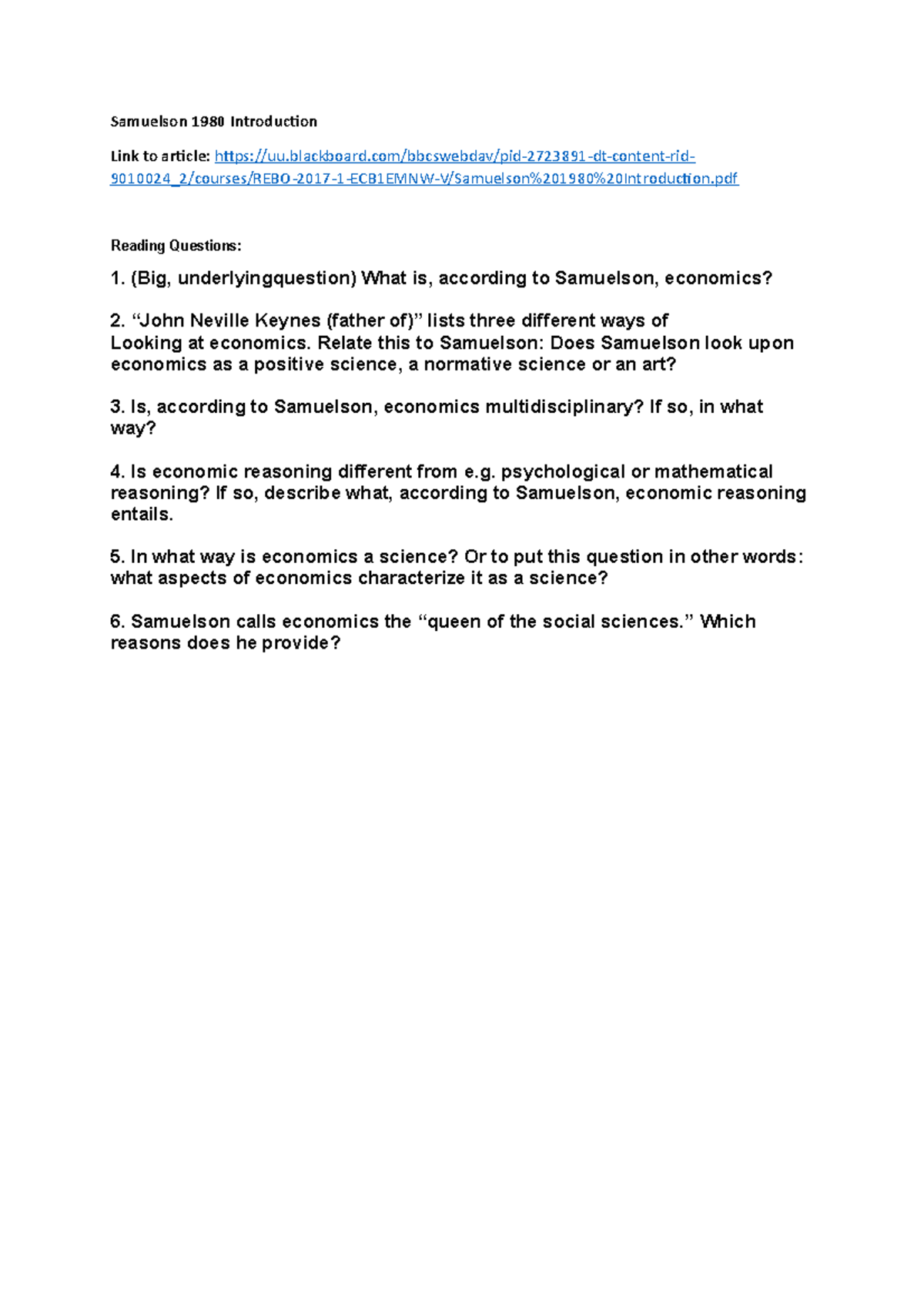 REBO-2017-1 Samuelson 1980 Intro + Key Reading Questions - Studeersnel