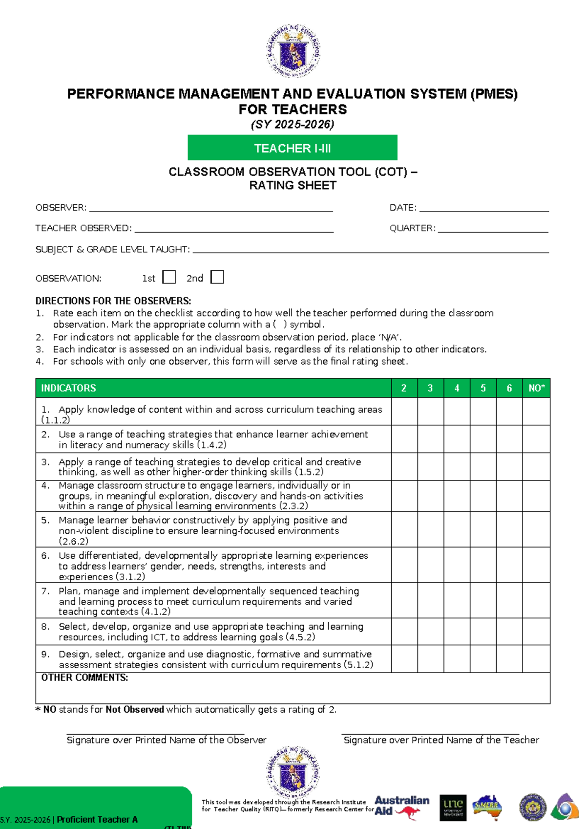 PMES for Teachers: Classroom Observation Tool (COT) Rating Sheet - Studocu