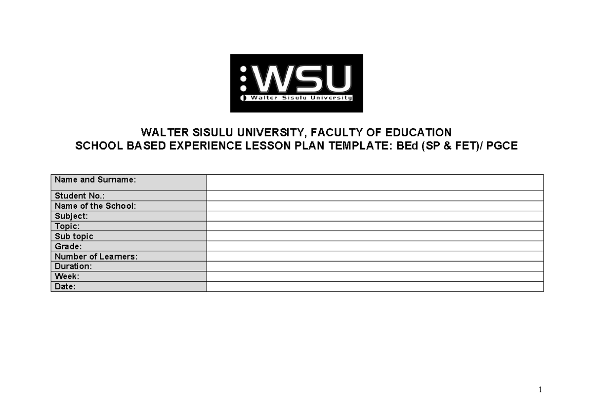 SBE Lesson Plan Template for BEd/PGCE (003) - 2024 - Studocu