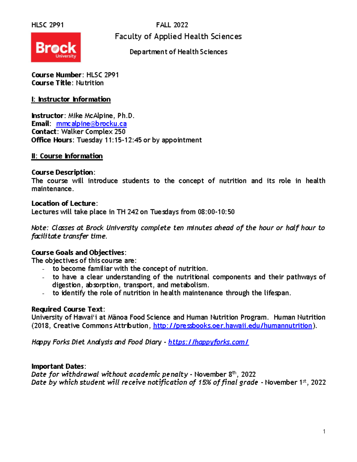 HLSC 2P91 Nutrition Course Outline - Fall 2022 Details - Studocu