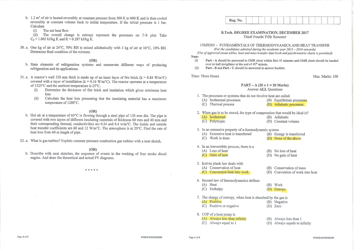 THT Paper: B.Tech. Fundamentals of Thermodynamics and Heat Transfer ...