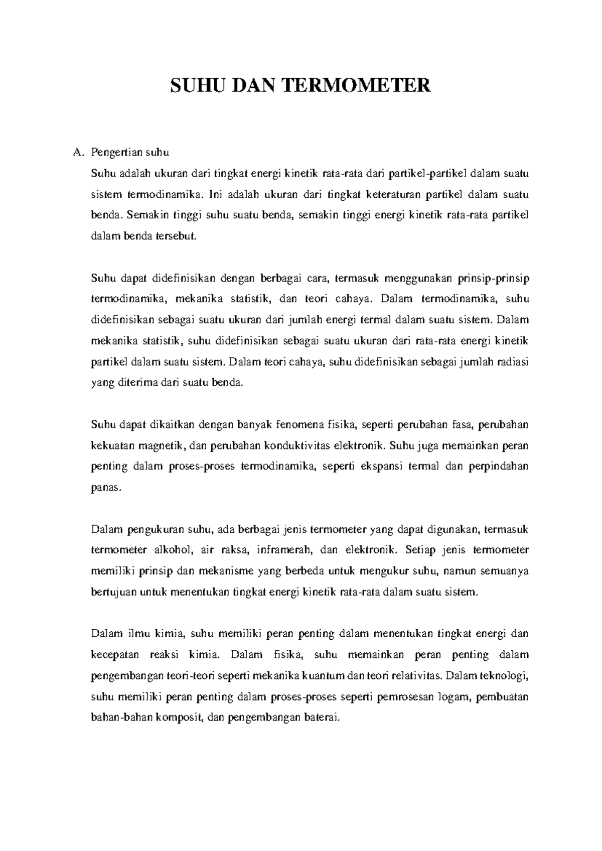Pengertian Suhu dan Jenis-Jenis Termometer dalam Ilmu Fisika - Studocu