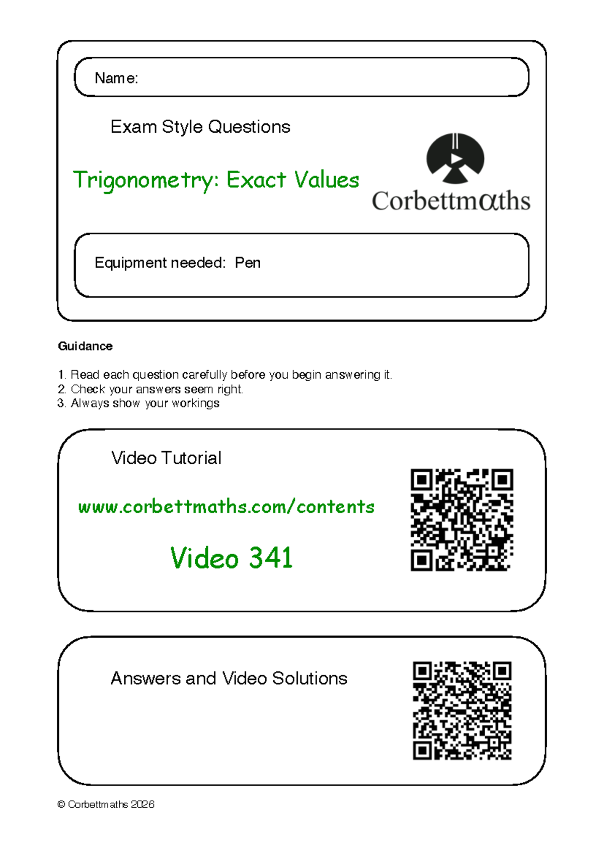 Exact Values of Trigonometry Questions - PQ Exam Style - Studocu