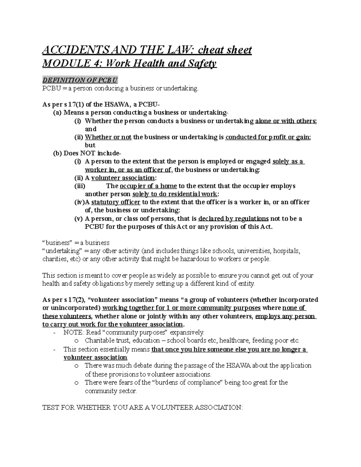 Work Health and Safety Cheat Sheet - Module 4 (WHS 101) - Studocu