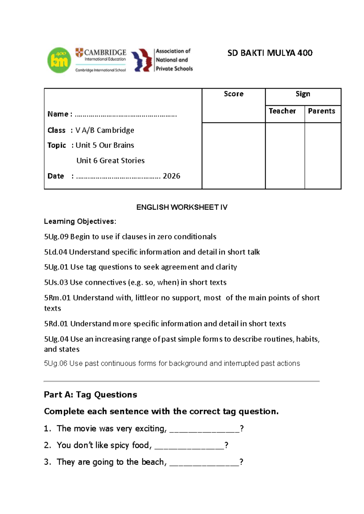 Practice Worksheet: Unit 5 & 6 - Our Brains & Great Stories - Studocu