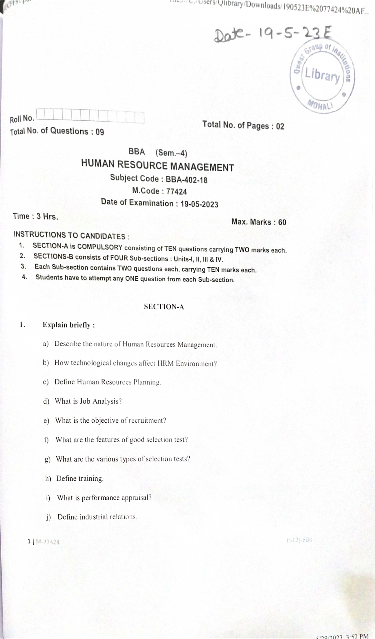 BBA HRM (M.Code: 77424) - Past Year Questions on HR Planning - Studocu