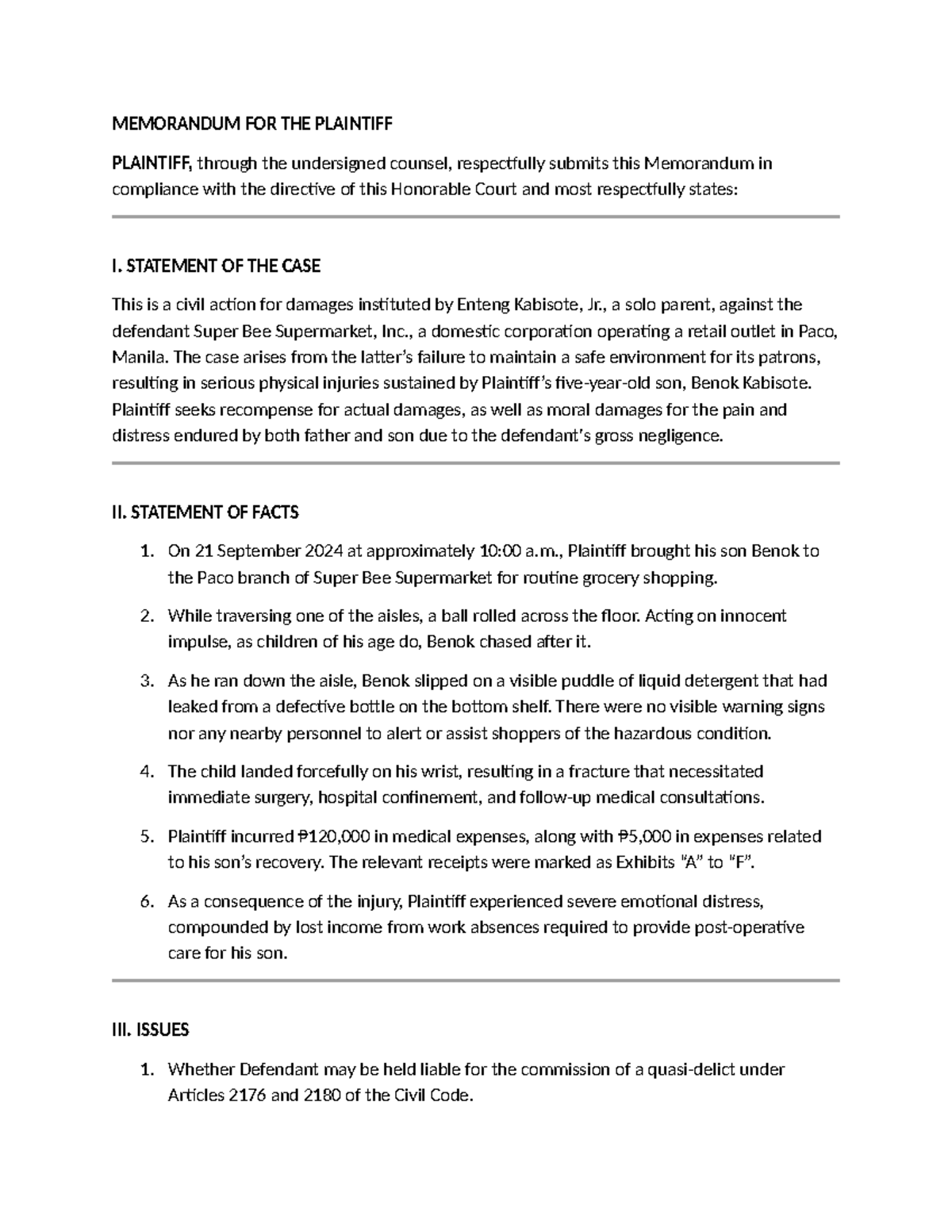 Draft Trial Memo for Kabisote v. Super Bee Supermarket, Inc. - Studocu