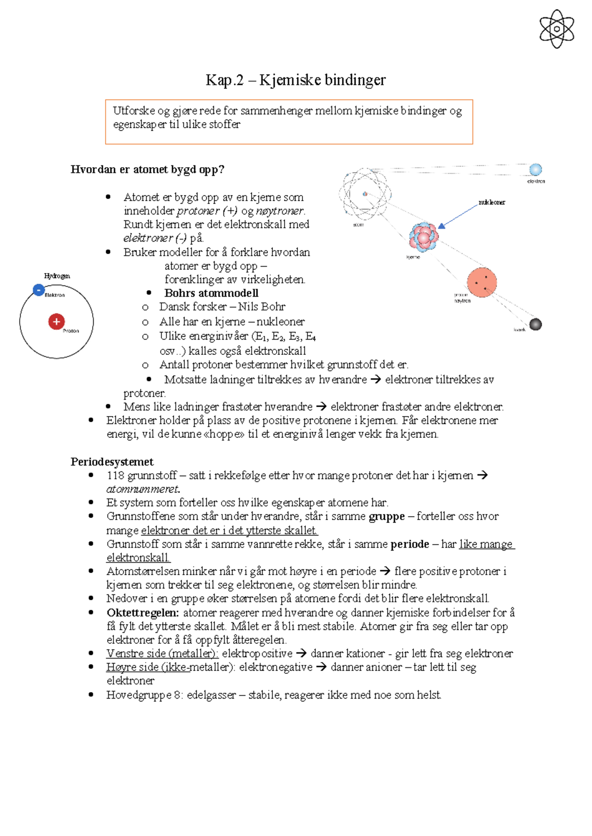 Kap. 2 - Kjemiske bindinger: Atomstruktur, Periodesystem og ...