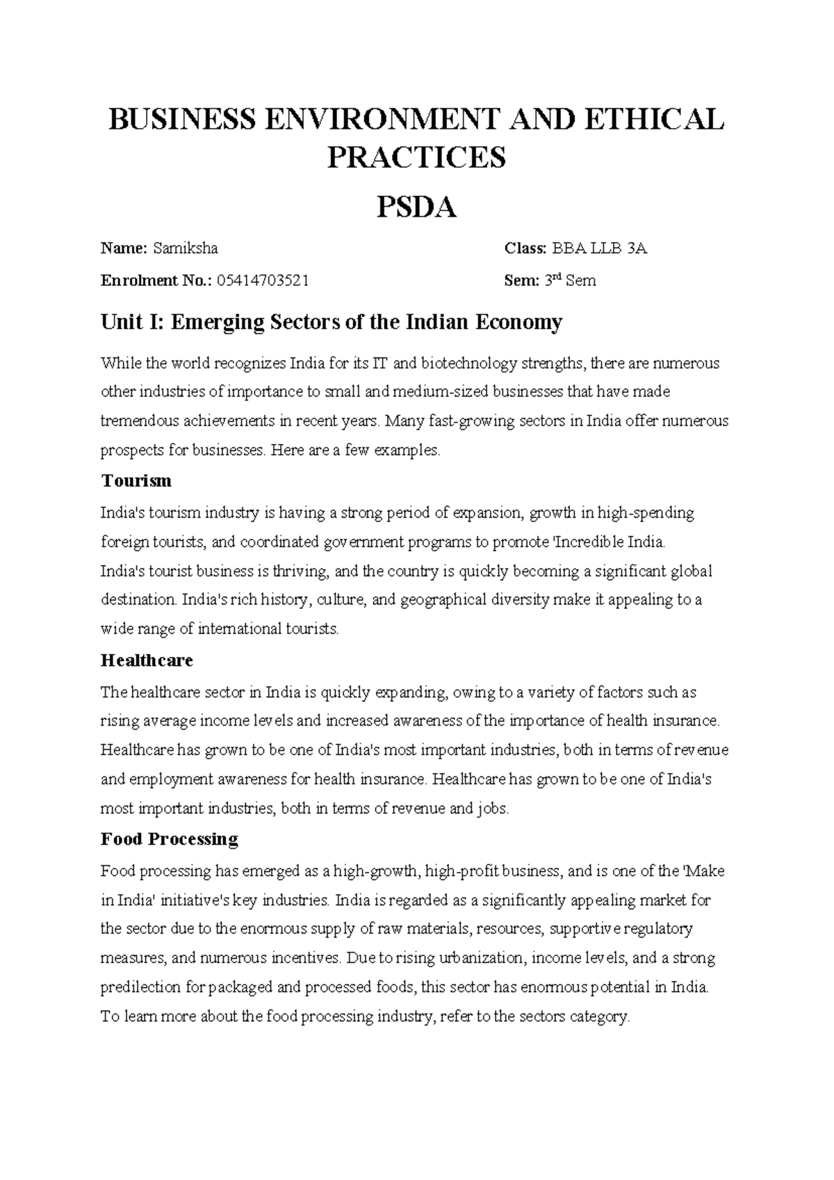 BUSINESS ENVIRONMENT & ETHICAL PRACTICES PSDA - BBA LLB 3A - Studocu