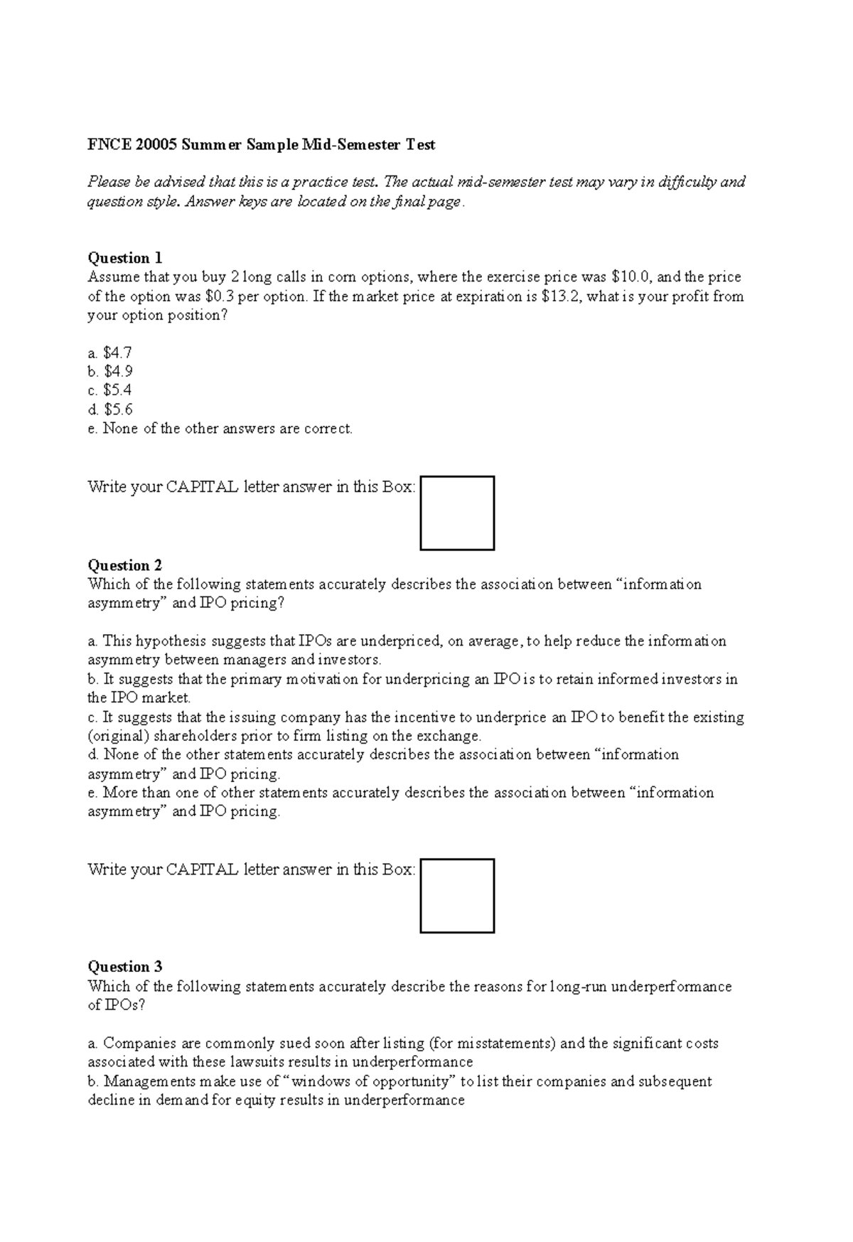 FNCE 2023 Summer Practice MST - Sample Test Questions - Studocu