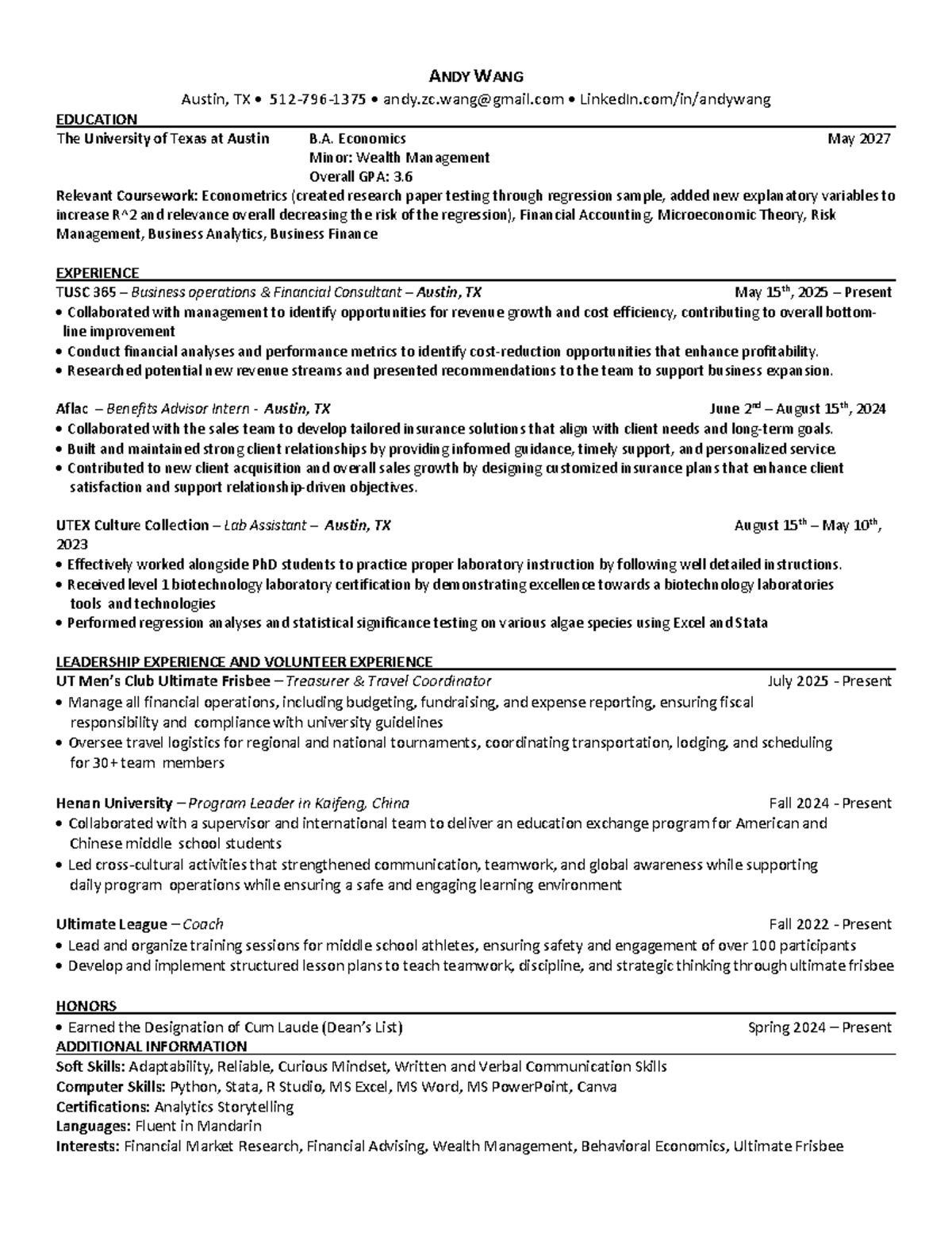 Andy Wang Resume - B.A. Economics, UT Austin, May 2027 - Studocu