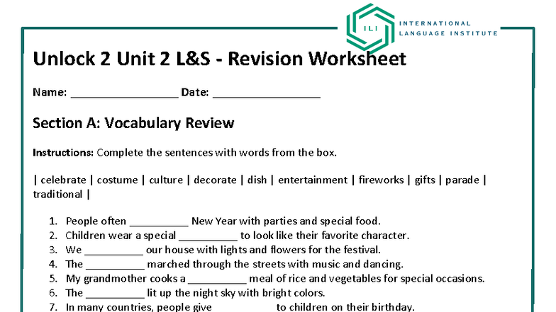 Unit 2 Vocabulary & Grammar Review Worksheet - Studocu