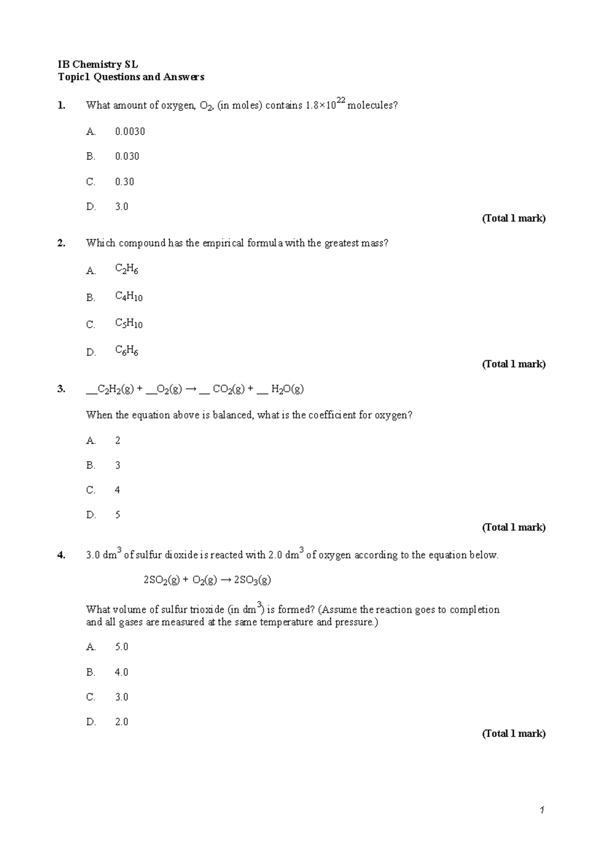 IB Chemistry SL Topic 1 Quantitative Questions and Answers - Studocu