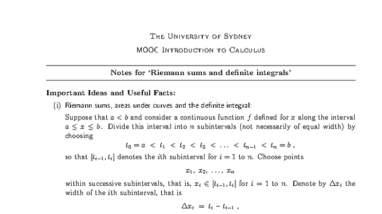 Introduction to Calculus Notes: Riemann Sums & Definite Integrals (MOOC ...