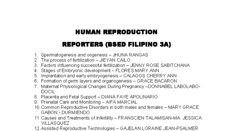 Human Reproduction Overview (BSED FILIPINO 3A) - Studocu