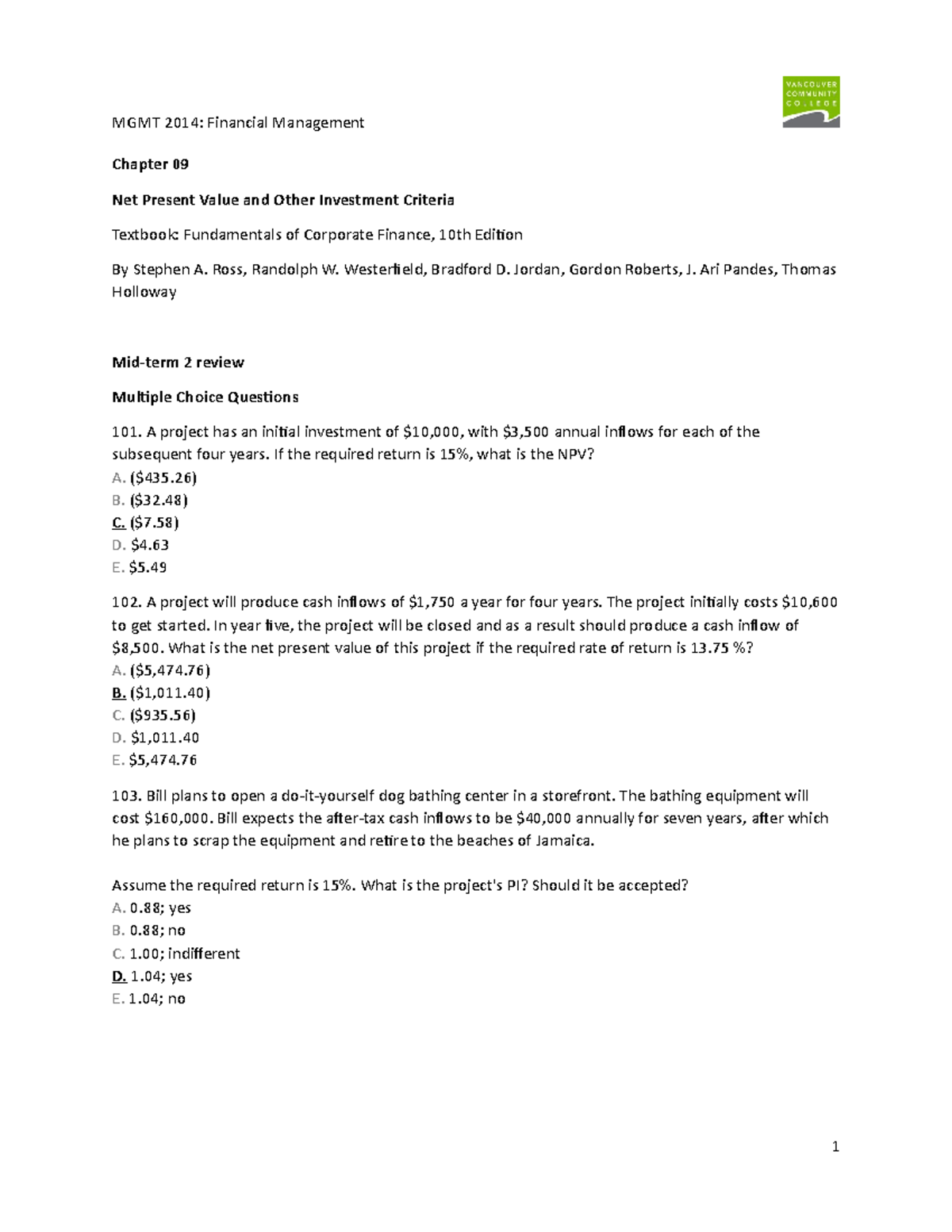 FIN - CH9 Midterm 2 Review Questions and Solutions - Studocu