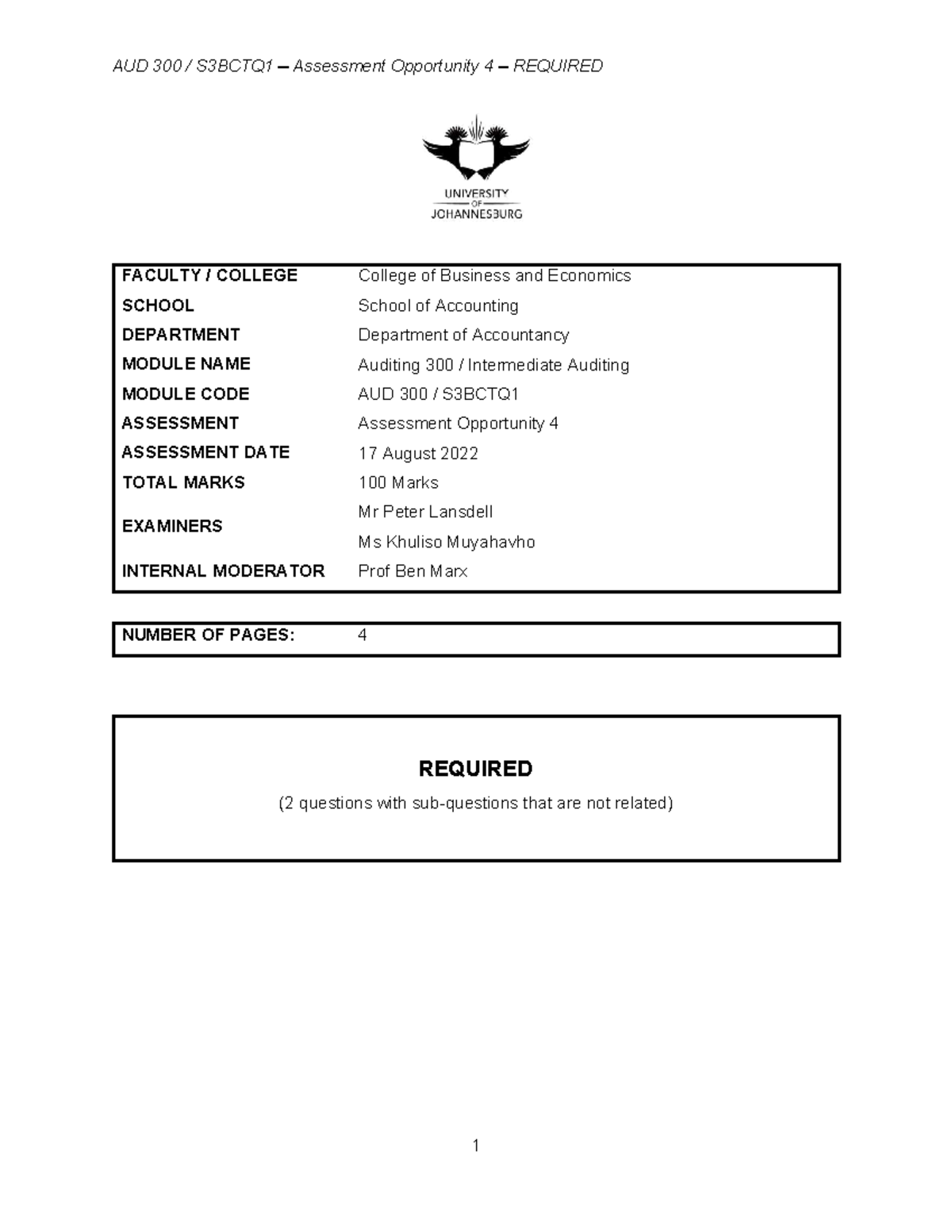 AUD 300 S3BCTQ1 Intermediate Auditing Assessment Opportunity 4 Guide ...