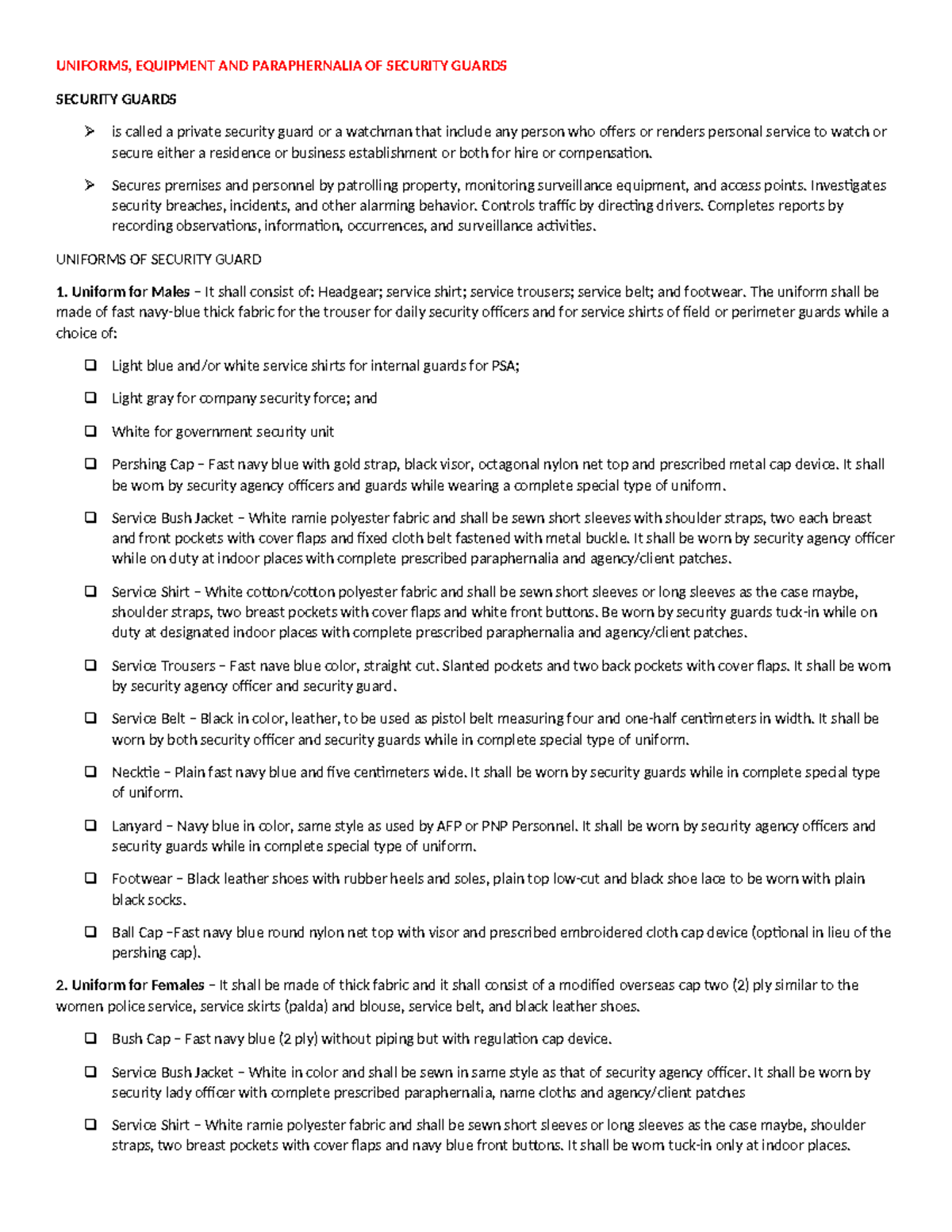 Uniforms, Equipment, and Paraphernalia of Security Guards 114725 - Studocu