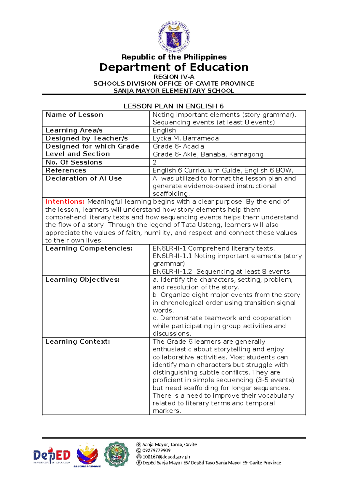 ENG6-W1-D2 - Lesson Plan on Story Grammar & Sequencing Events - Studocu