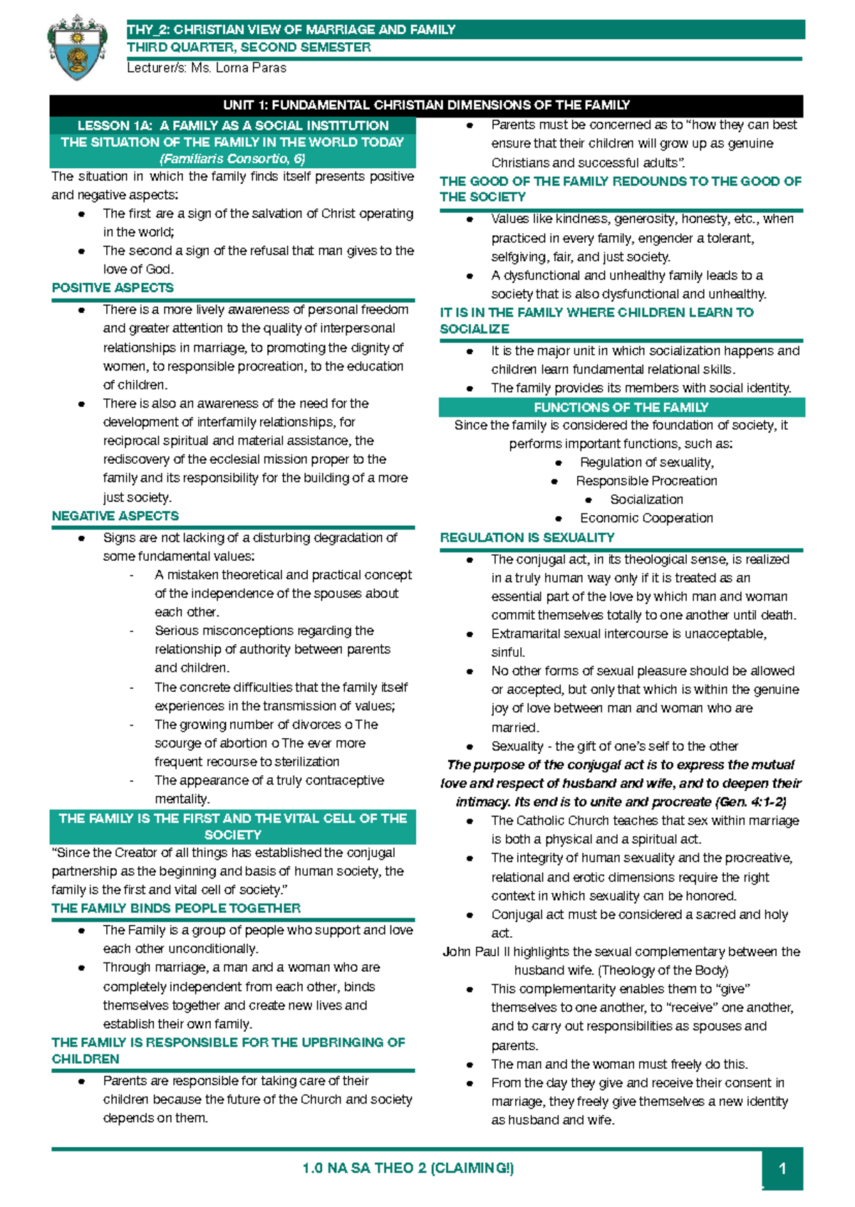 THY 2 - Prelims: Exploring the Christian Perspective on Marriage & Family - Studocu
