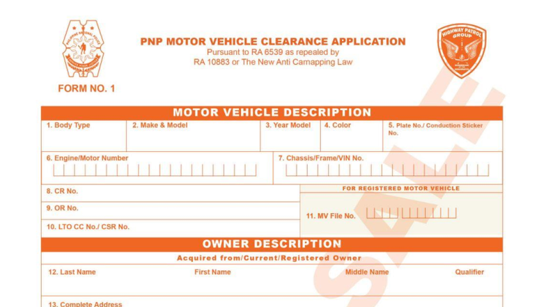 HIGHWAY PAP PNP Motor Vehicle Clearance Application Form No. 1 - Studocu