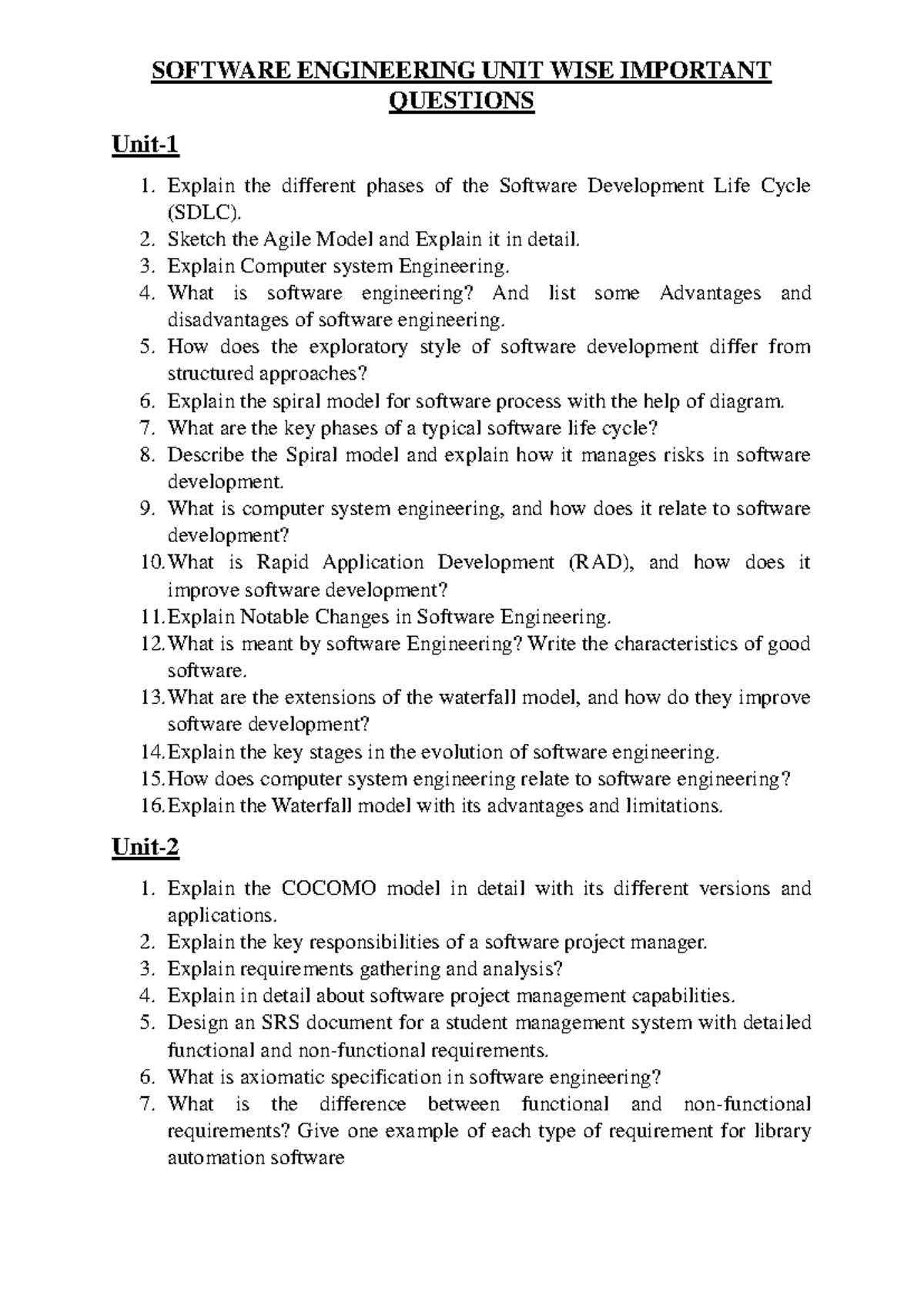 SE Unit Wise Important Questions for Software Engineering - Studocu
