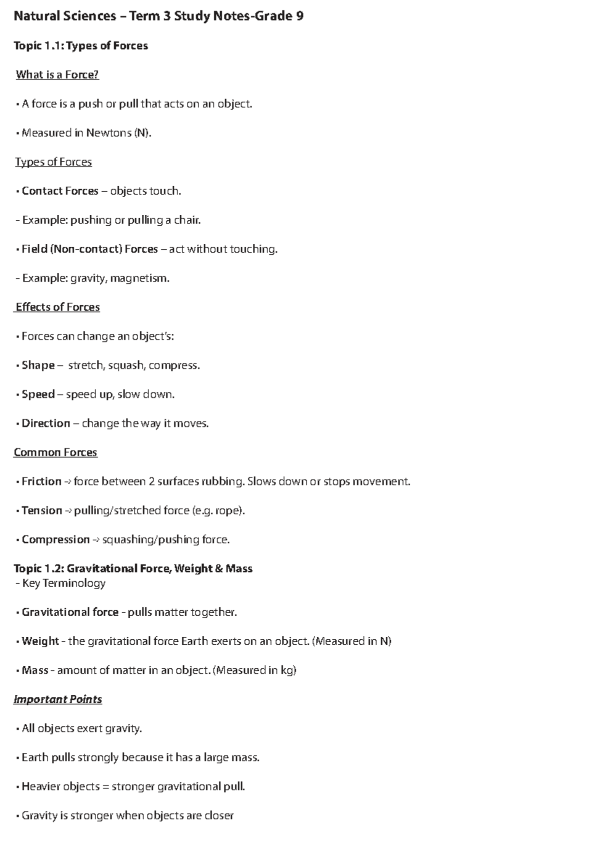 Natural Sciences Term 3 Study Notes: Types of Forces & Gravity - Studocu