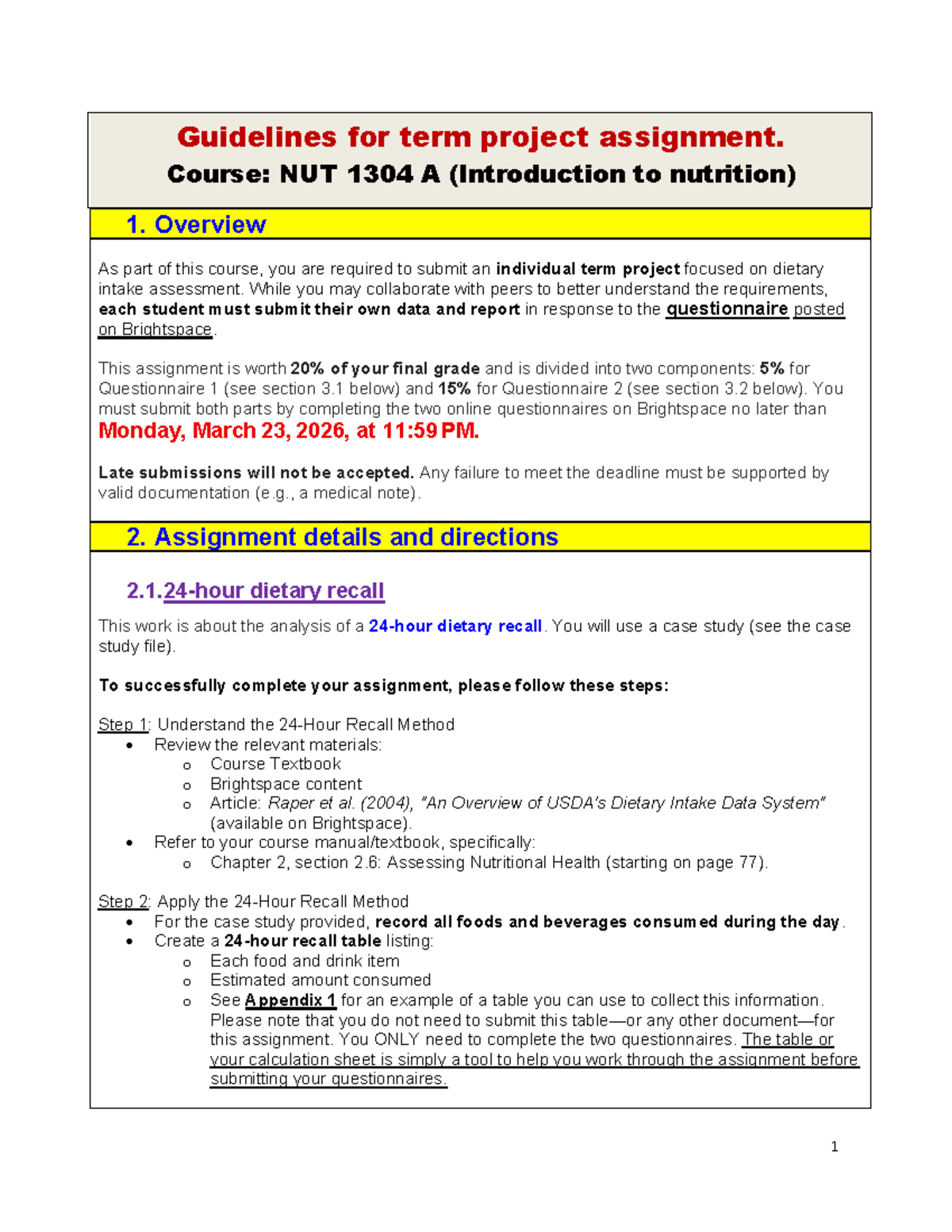 Term Project Guidelines: Dietary Intake Assessment for NUT 1304 A - Studocu
