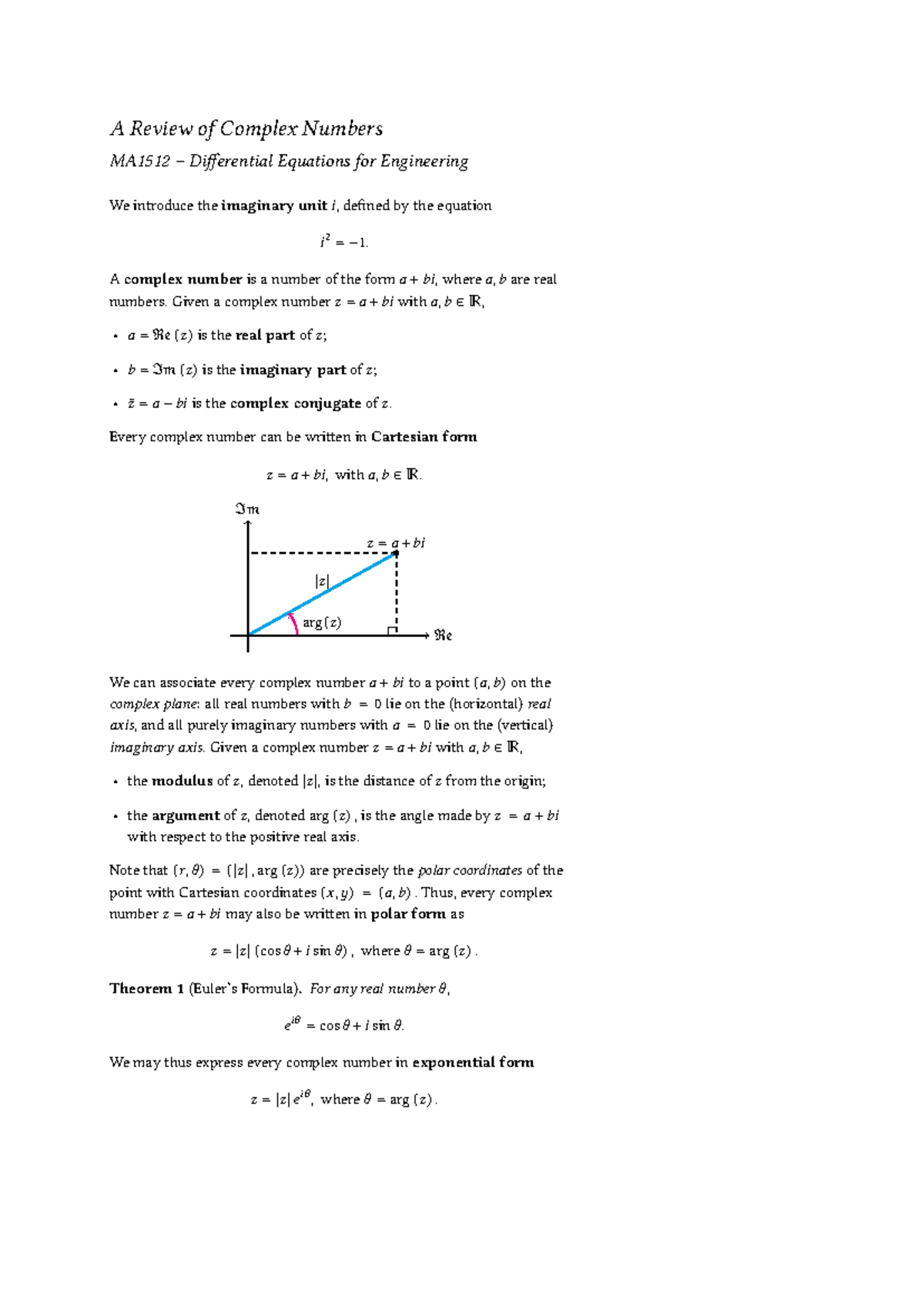 A Review of Complex Numbers for MA1512 Differential Equations - Studocu