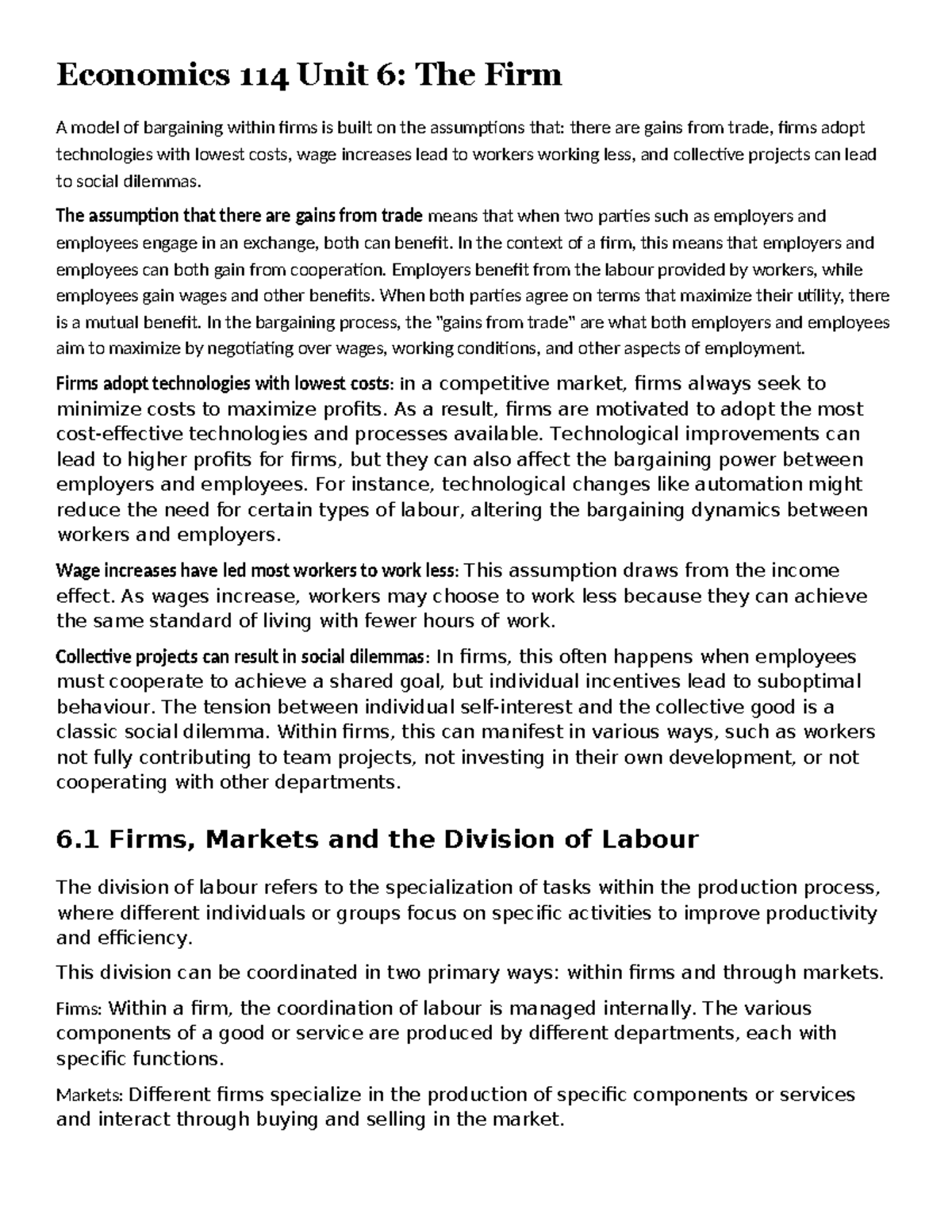 Unit 6 Summary: The Firm in Economics 114 - Bargaining, Labour, and Profits - Studocu