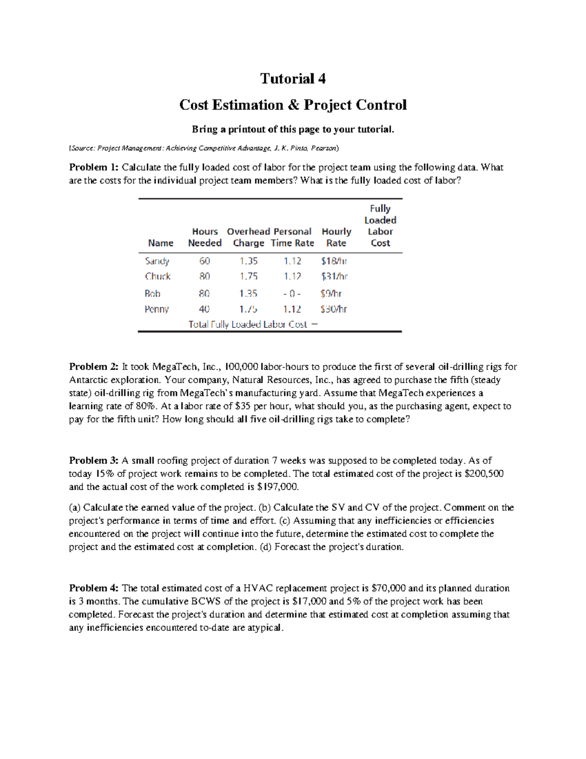 Tutorial 4 - Cost Estimation & Project Control Insights - Studocu
