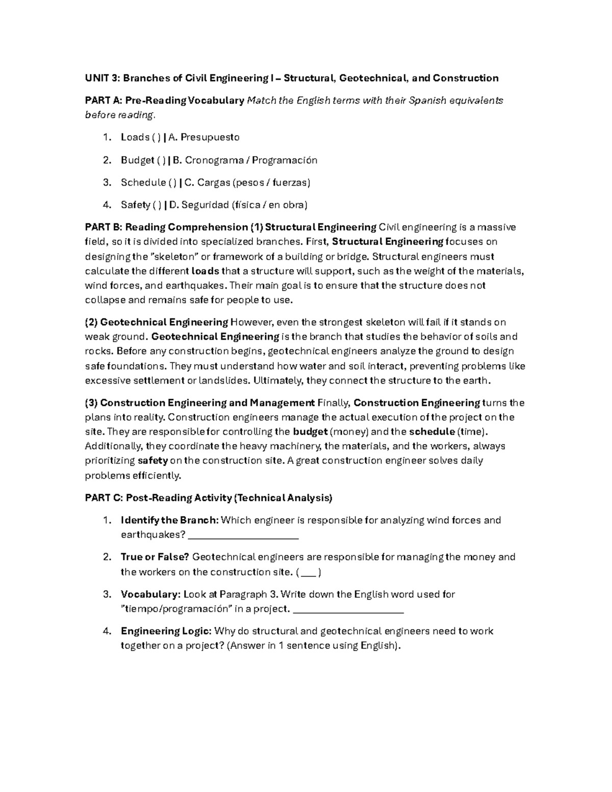 UNIT 3: Branches of Civil Engineering - Vocabulary & Comprehension ...