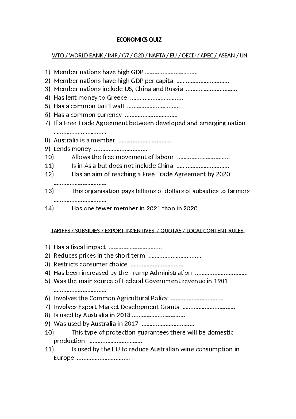 ECON 101: Quiz on International Organizations and Trade Policies - Studocu