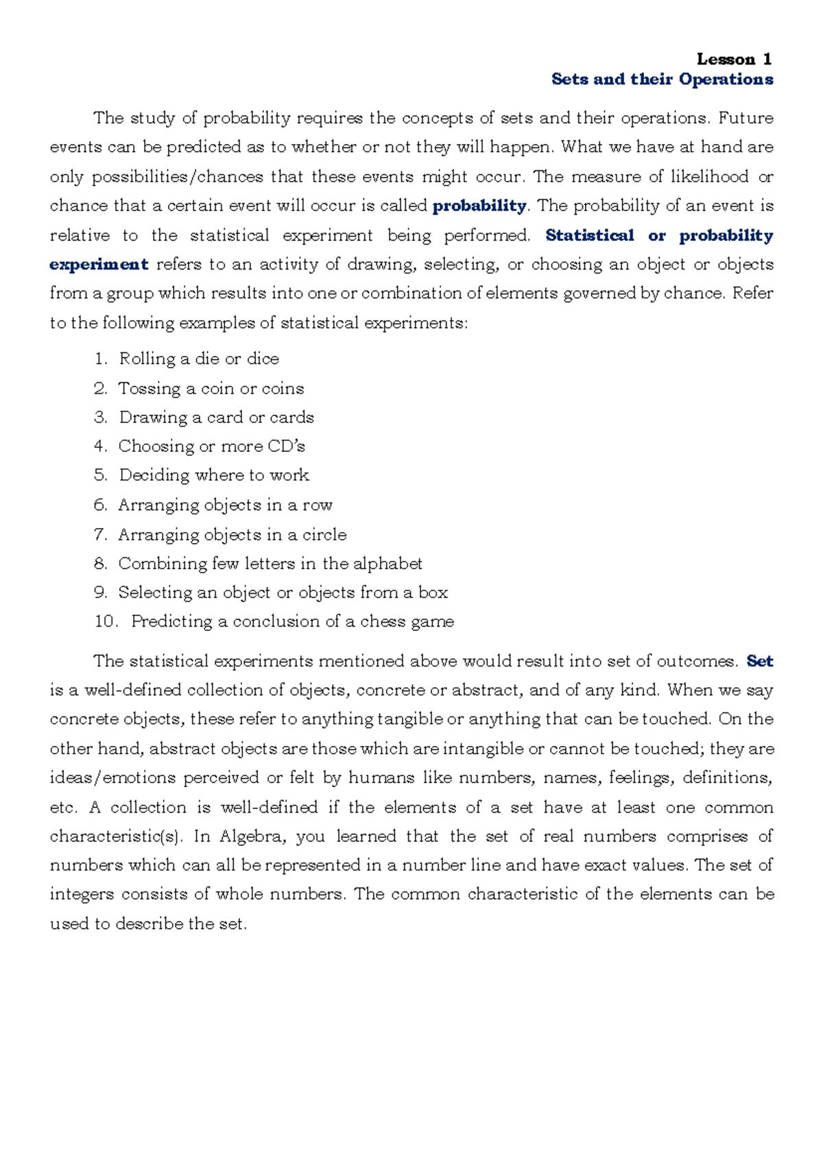 Lesson 1: Sets and Their Operations - Set-Operations-2026 Module - Studocu