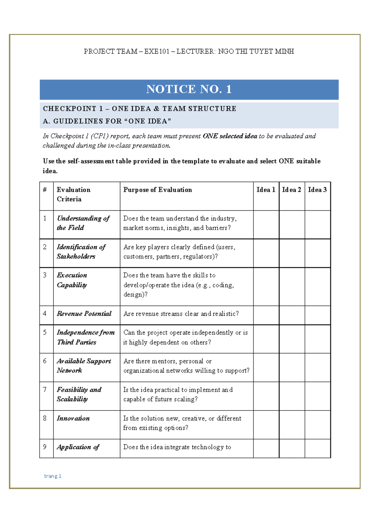 Checkpoint 1 Guidelines for Project Team EXE101 - Studocu