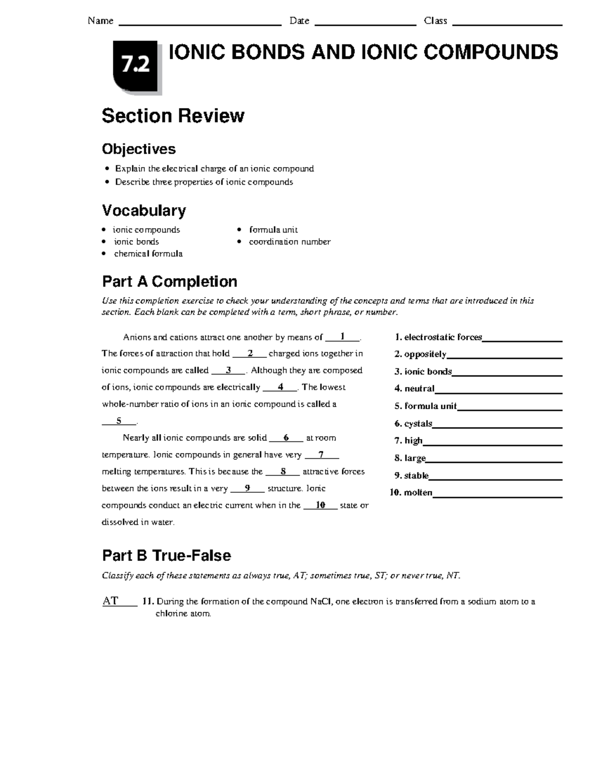 7-2 packet-1 - 7-2 IONIC BONDS AND IONIC COMPOUND - Name Date Class ...