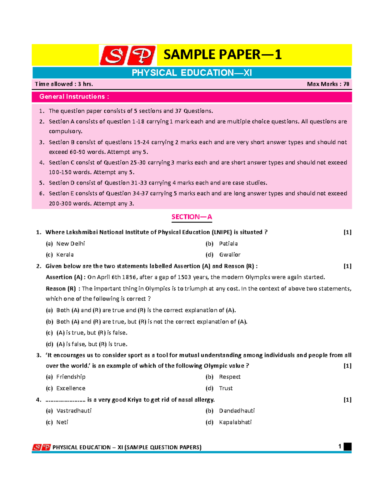 SP Physical Education XI Sample Question Paper - Studocu