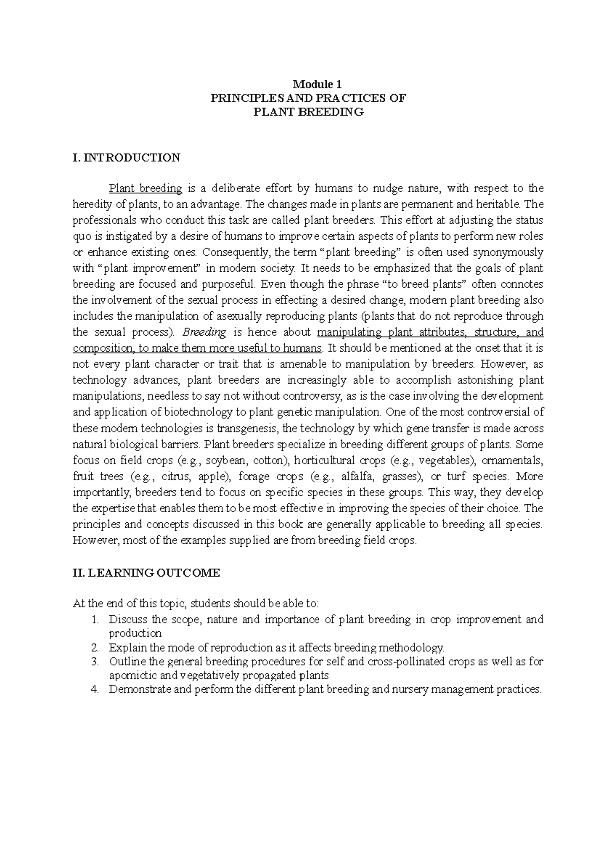 Principles AND Practices OF Plant Breeding - Module 1 PRINCIPLES AND ...
