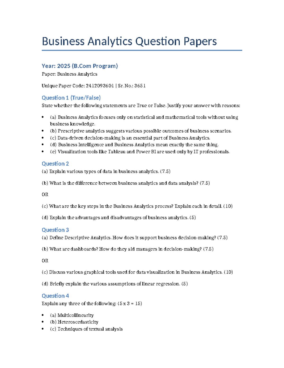 Business Analytics Question Paper 2025 (B.Com) - Unique Code ...