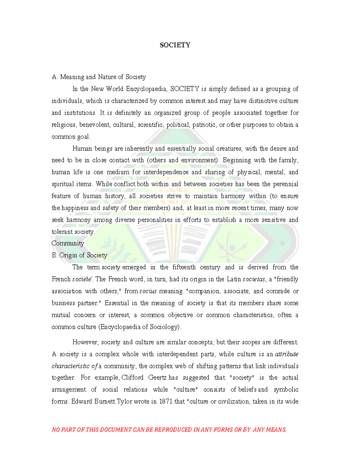 2GNED-10 READ- Society - SOCIETY A. Meaning and Nature of Society In ...