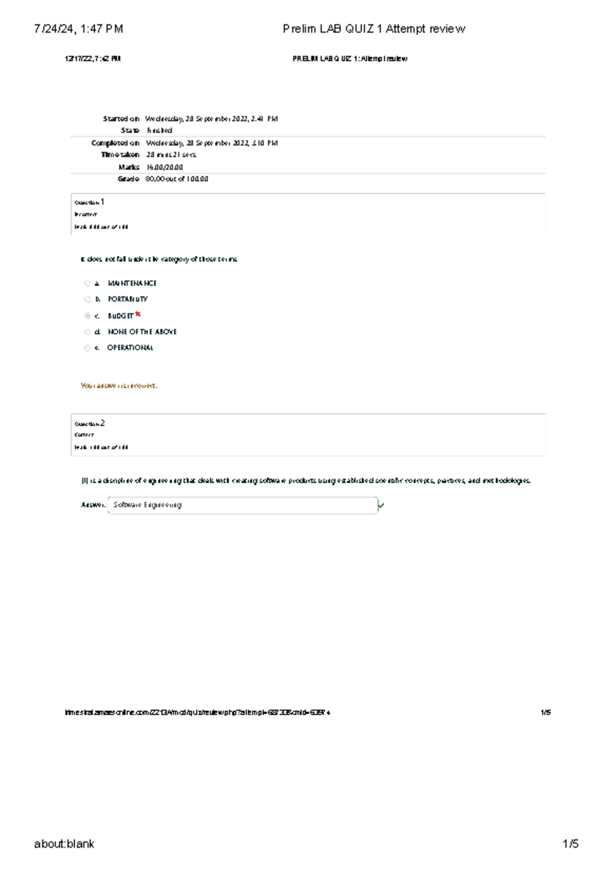 Prelim LAB QUIZ 1 Review: Results & Analysis - Studocu