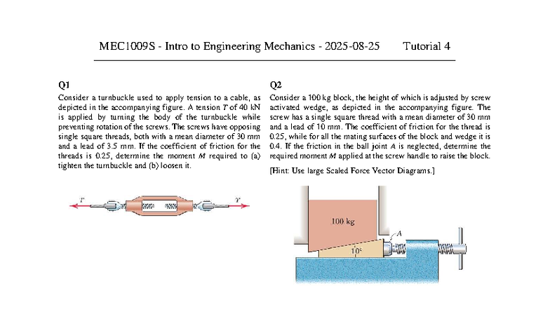 MEC1009S 2025 - Engineering Mechanics Tutorial 4 Analysis - Studocu