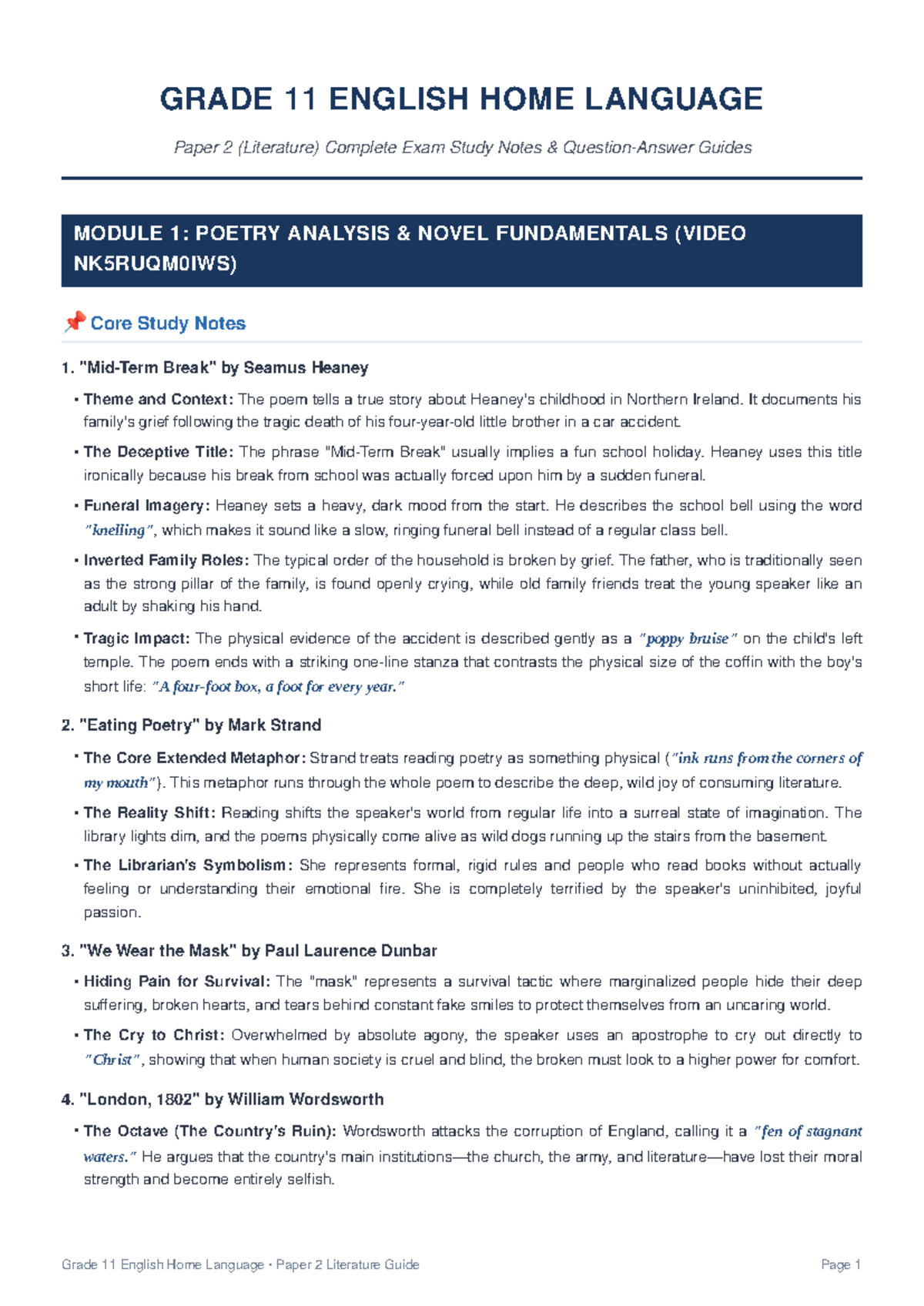 Grade 11 English HL P2 Master Exam Study Notes: Poetry & Analysis - Studocu