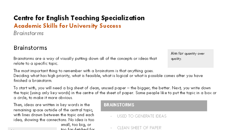 Centre for English Teaching: Brainstorming Techniques for Success - Studocu