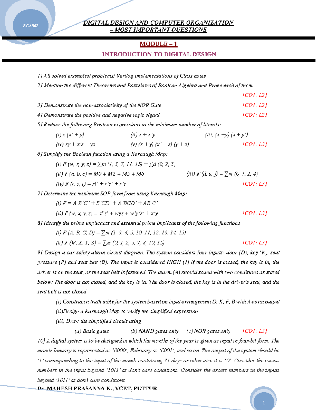 BCS302 DIGITAL DESIGN & COMPUTER ORGANIZATION: Key Questions & Concepts ...
