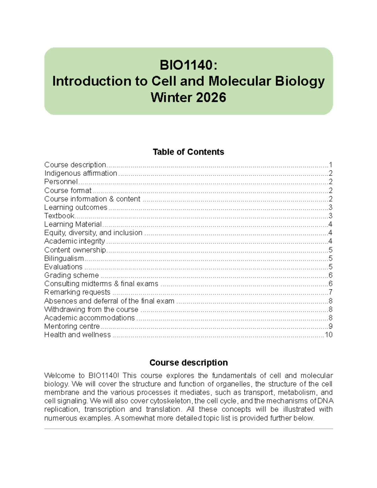 BIO1140: Winter 2026 Syllabus for Cell & Molecular Biology - Studocu