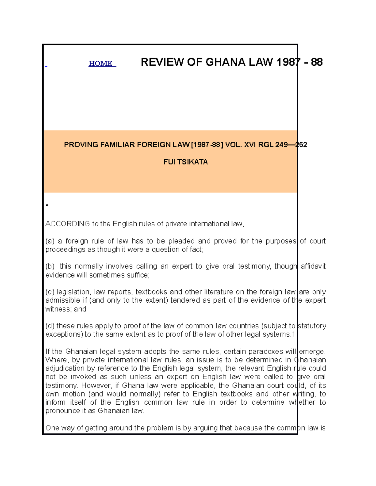 FUI Tsikata's Analysis on Proving Foreign Law in Ghana (1987-88) - Studocu